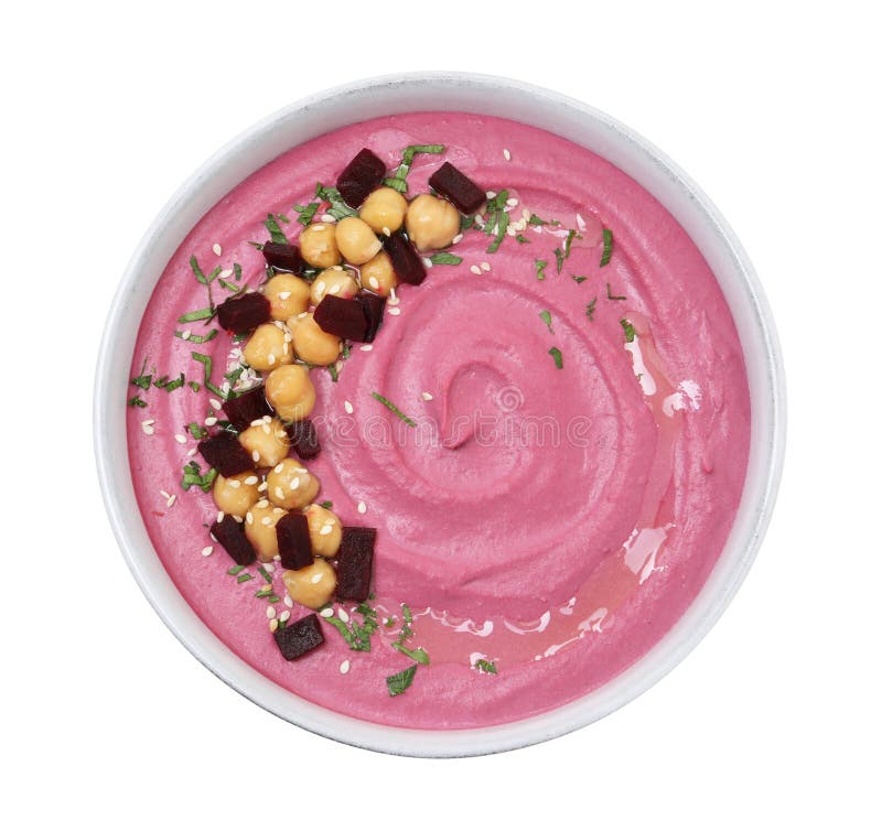 Tasty Beetroot Hummus and Chickpeas in Bowl Isolated on White, Top View ...