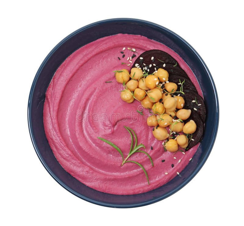 Tasty Beetroot Hummus and Chickpeas in Bowl Isolated on White, Top View ...