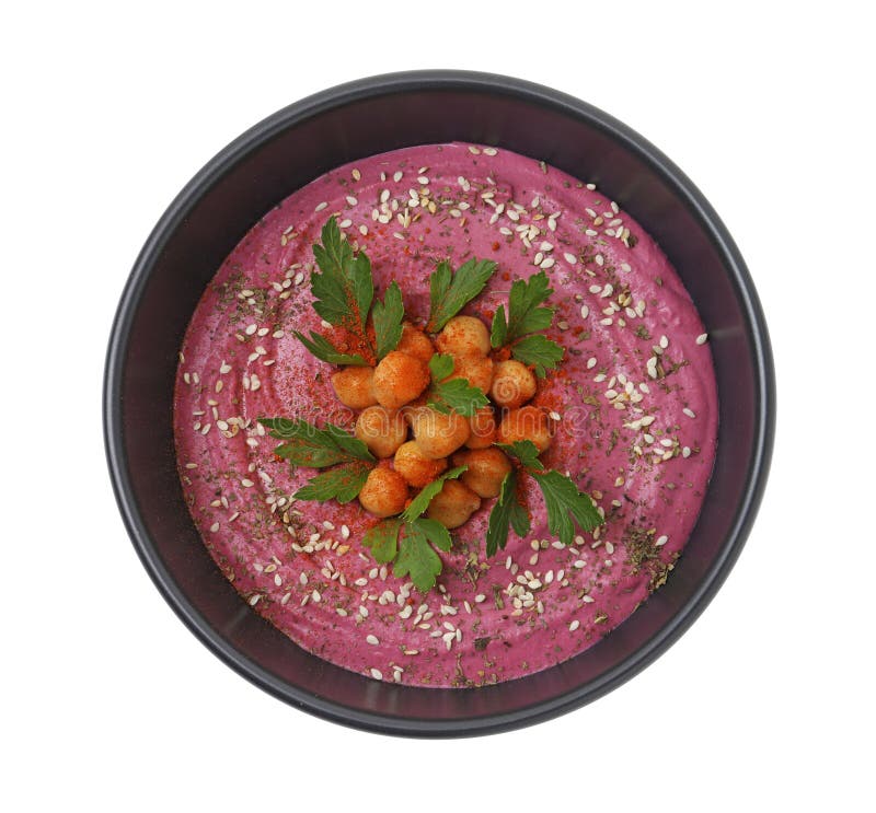 Tasty Beetroot Hummus and Chickpeas in Bowl Isolated on White, Top View ...