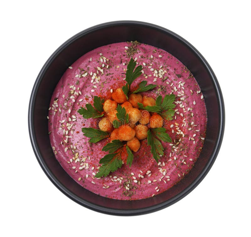 Tasty Beetroot Hummus and Chickpeas in Bowl Isolated on White, Top View ...