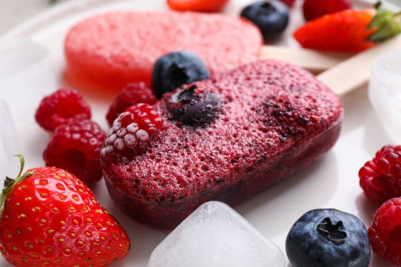 Tasty Berry Ice Pops on Plate, Closeup. Fruit Popsicle Stock Photo ...