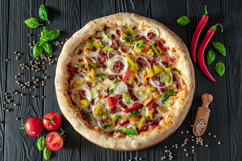 Tasty and Big Pizza with Different Types of Meat Stock Photo - Image of ...
