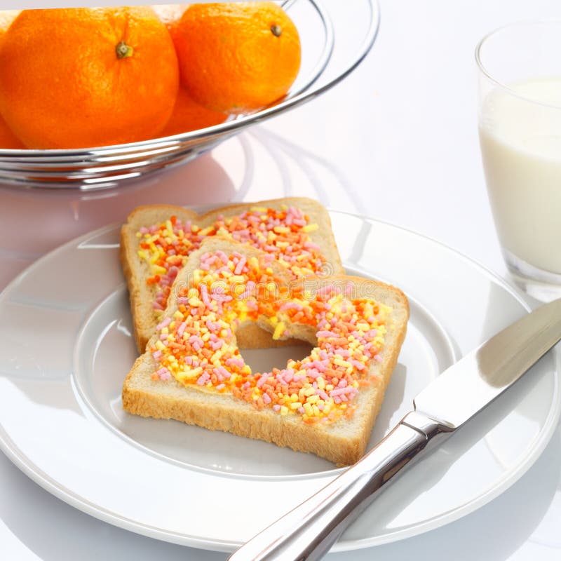Tasty Breakfast Made of Bread with Candies Stock Image - Image of plate ...