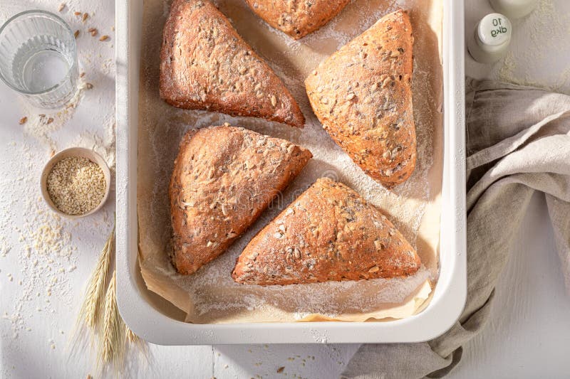Tasty and Brown Triangular Buns Baked in the Bakery Stock Image - Image ...