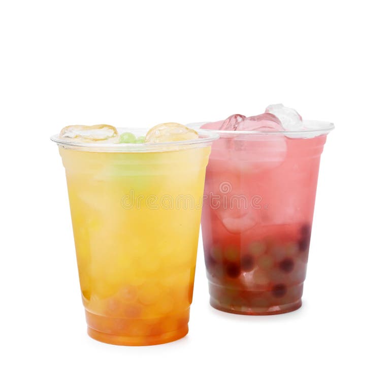 Tasty Bubble Tea in Plastic Cups Isolated on White Stock Photo - Image ...