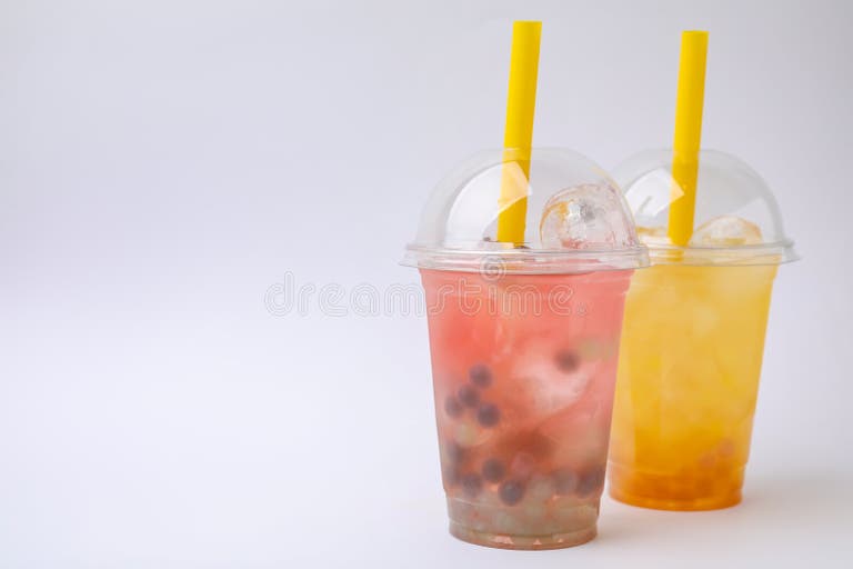 Tasty Bubble Tea in Plastic Cups on White Background Stock Photo ...