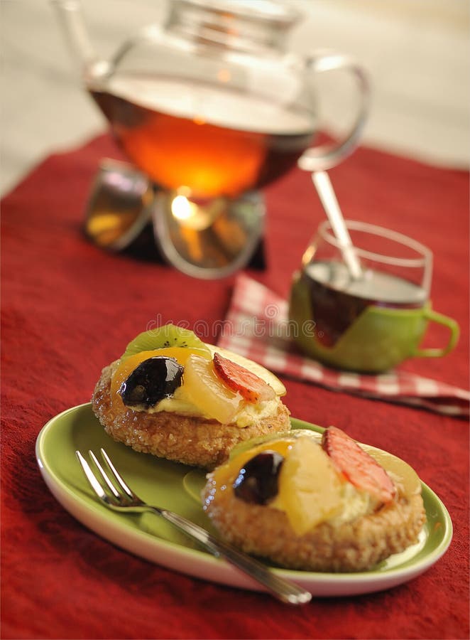 Tasty Cake with Fresh Fruit and Tea Stock Photo - Image of chat ...