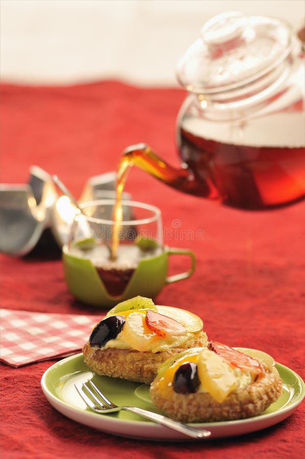 Tasty Cake With Fresh Fruit And Tea Stock Image - Image of high ...