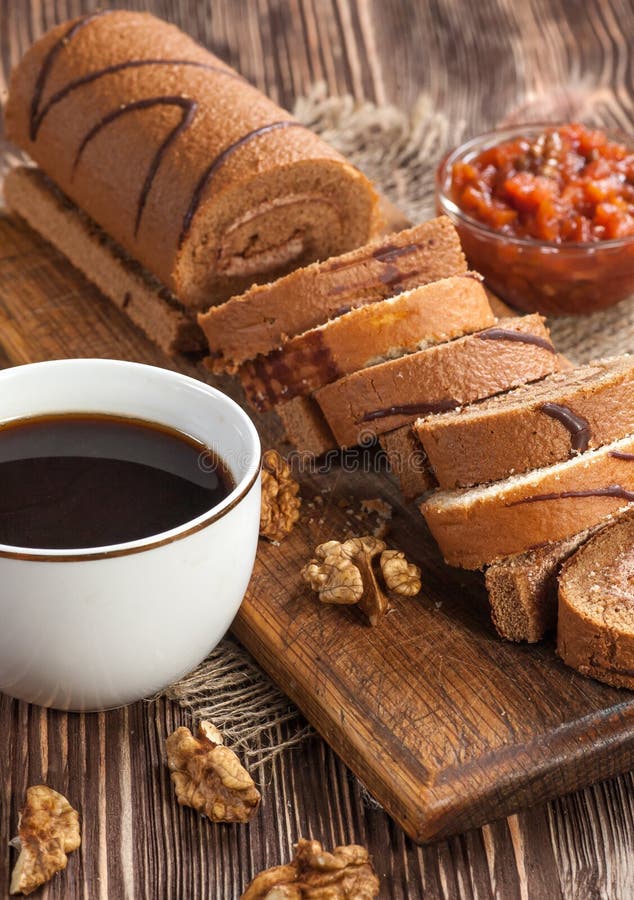 Tasty cake roll stock image. Image of chocolate, wood - 87590041