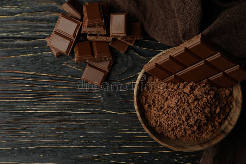 Tasty Chocolate Bars and Powder on Wooden Table Stock Image - Image of ...