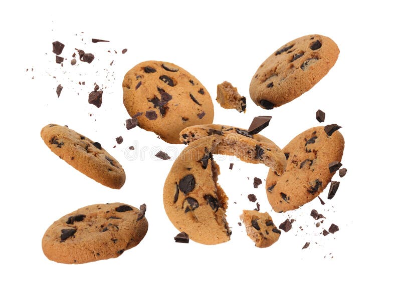 Tasty Chocolate Chip Cookies Falling on White Background Stock Photo ...