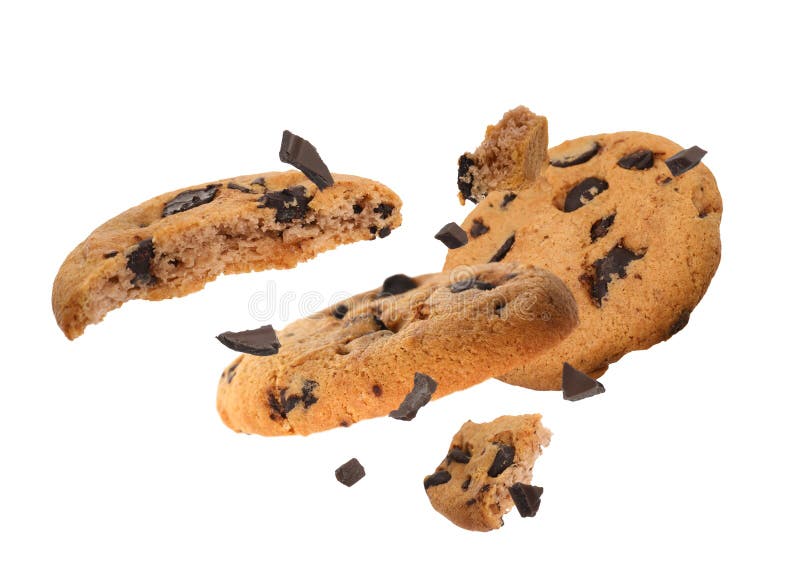 Tasty Chocolate Chip Cookies Falling on White Background Stock Image ...