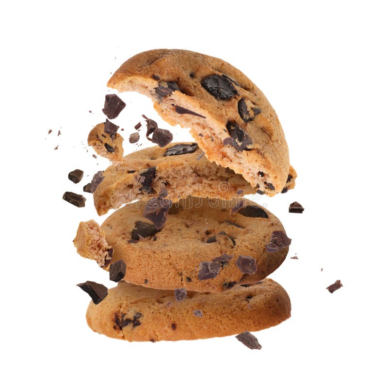 Tasty Chocolate Chip Cookies Falling on White Background Stock Image ...