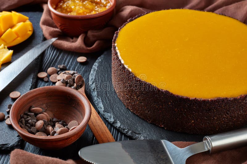 Tasty Chocolate Mango Cheesecake, Close Up Stock Image - Image of ...