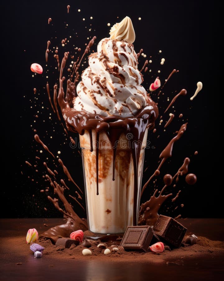 Tasty Chocolate Milkshake Topped with Cream, with Splashes Stock ...
