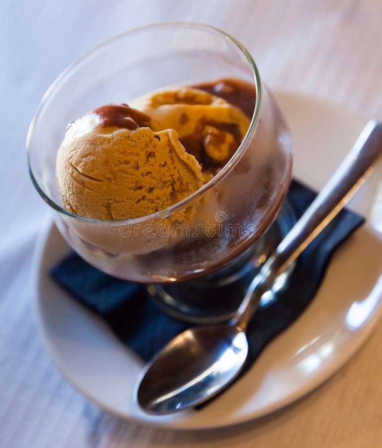 Tasty Cold Chocolate Ice Cream Served with Hot Chocolate Cream Stock ...