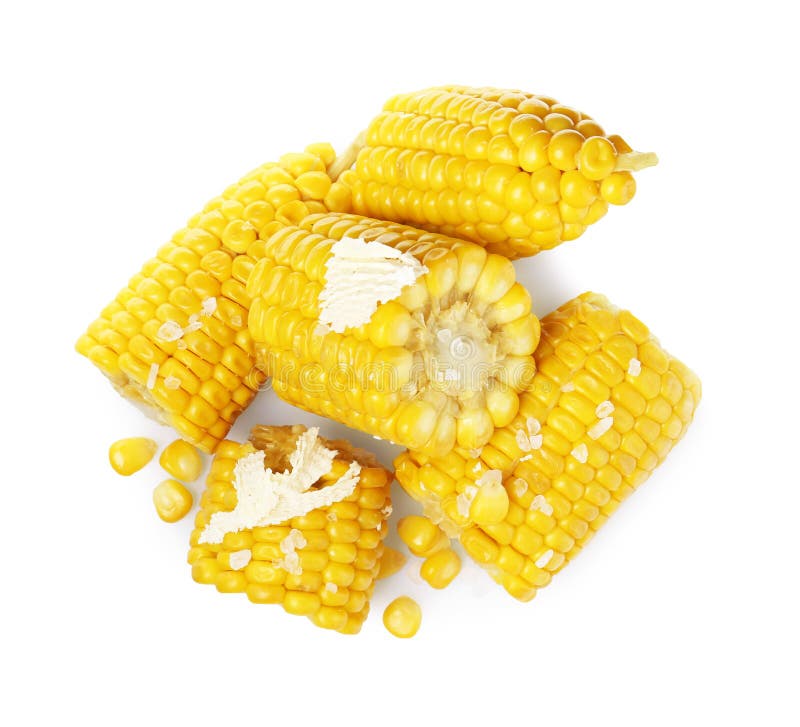 Tasty Cooked Corn Cobs with Butter on White Background, Top View Stock ...