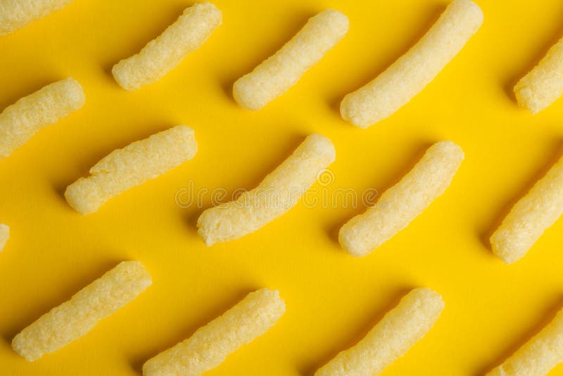 Tasty Corn Sticks on Yellow Background, Flat Lay Stock Image - Image of ...