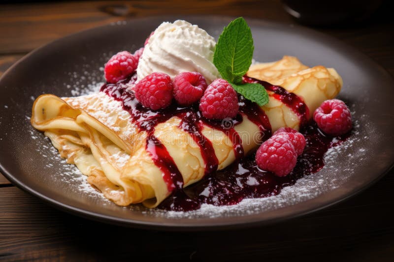 Tasty Crepes with Raspberry and Cream Table AI Generated Stock Photo ...