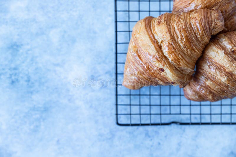 Tasty Crispy Croissants Blue Concrete Background Bakery Breakfast Stock ...