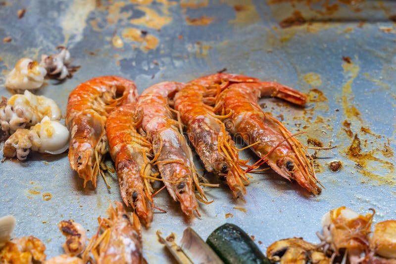 Tasty and Delicious Prawns on Grilling Pan in Buffet Restaurant Stock ...