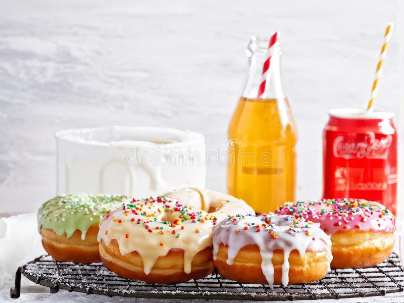 Tasty Donuts with Icing on Table Stock Illustration - Illustration of ...