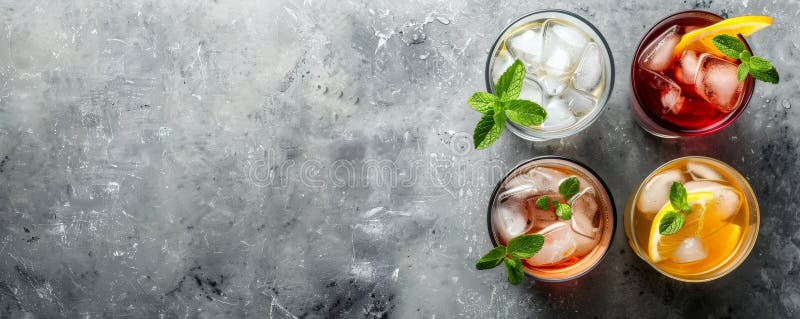 Tasty Drinks with Ice Arranged on a Gray Surface from an Overhead View ...