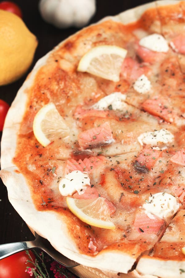 Tasty Fish Pizza with Salmon and Cream Cheese Stock Photo - Image of ...