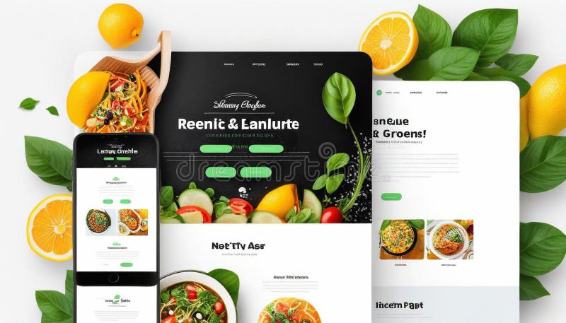 Restaurant Landing Page Template with Leaves Design Stock Illustration ...