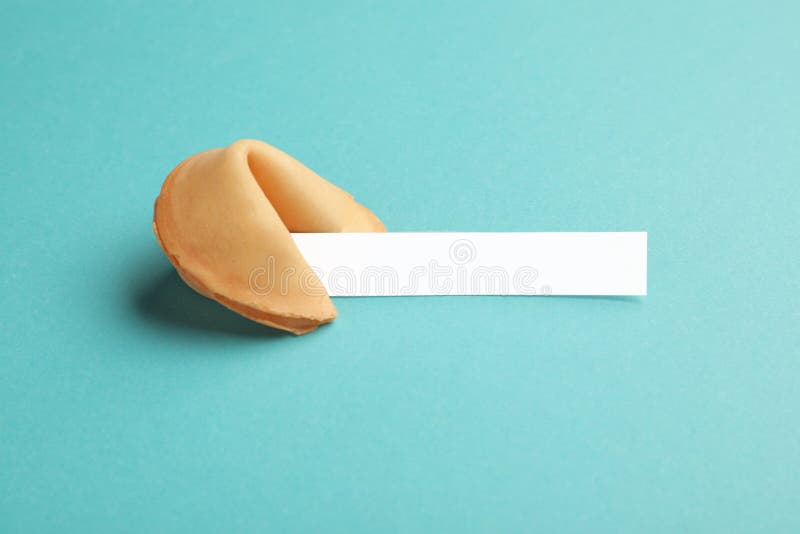 Tasty Fortune Cookie with Predictions on Light Blue Background. Space ...