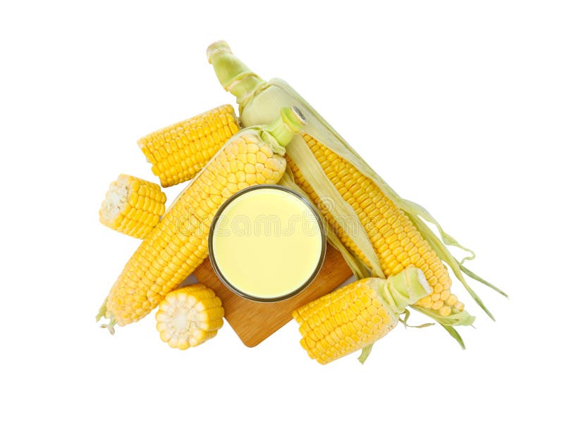 Tasty Fresh Corn Milk in Glass and Cobs on White Background, Top View ...