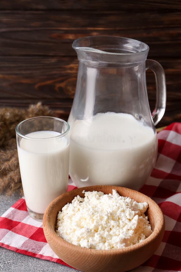 Tasty Fresh Milk and Cottage Cheese on Grey Table Stock Image - Image ...