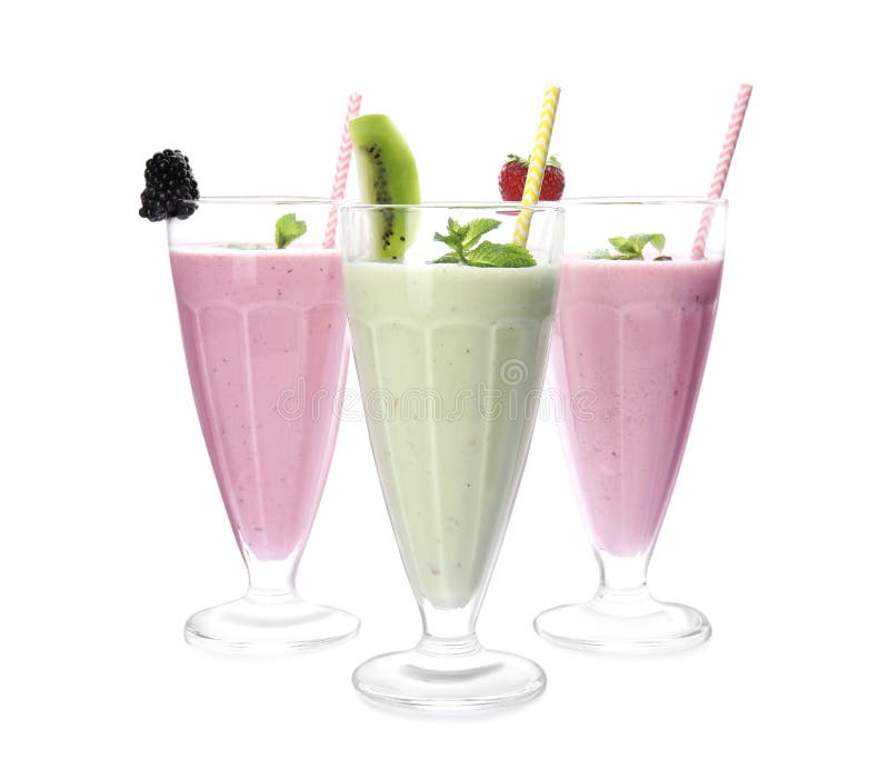 Tasty Fresh Milk Shakes with Berries on White Background Stock Photo ...