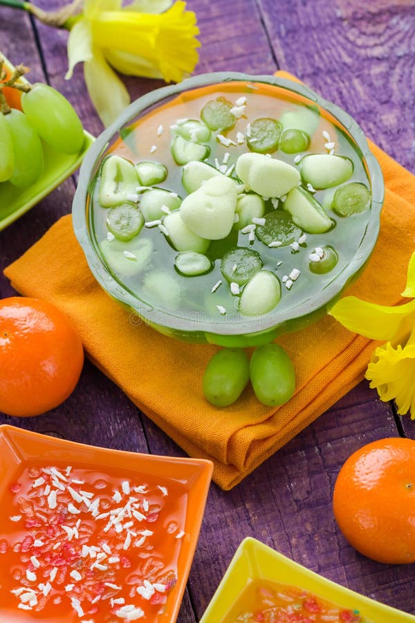 Tasty Fruit Jelly Pieces Grapes Stock Photo - Image of restaurant ...
