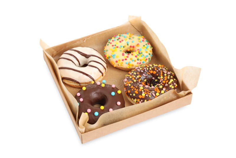 Tasty Glazed Donuts in Cardboard Box Isolated on White Stock Image ...