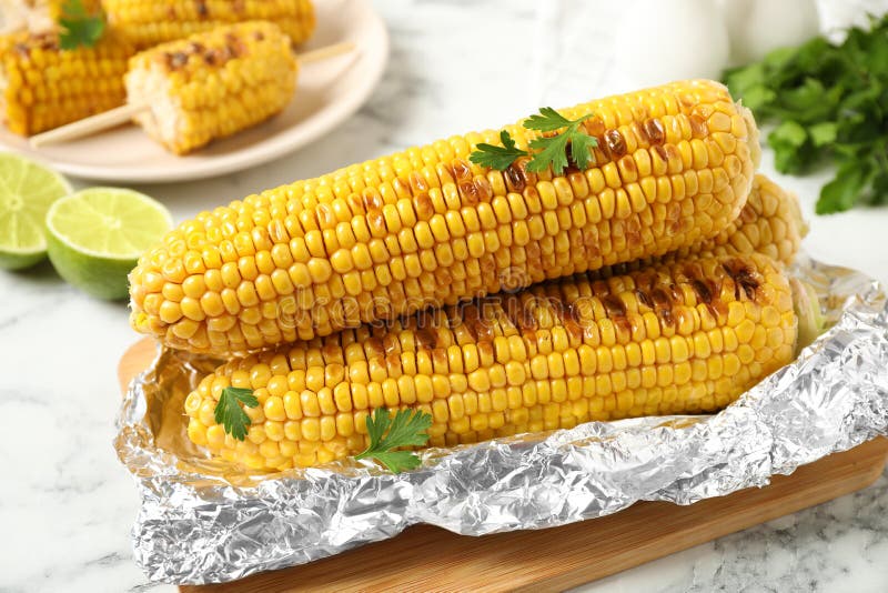 Tasty Grilled Corn on White Marble Table Stock Image - Image of grain ...