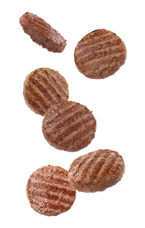 Tasty Grilled Hamburger Patties Falling on White Background Stock Image ...