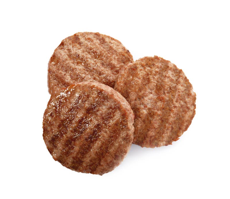 Tasty Grilled Hamburger Patties on White Background, Top View Stock ...