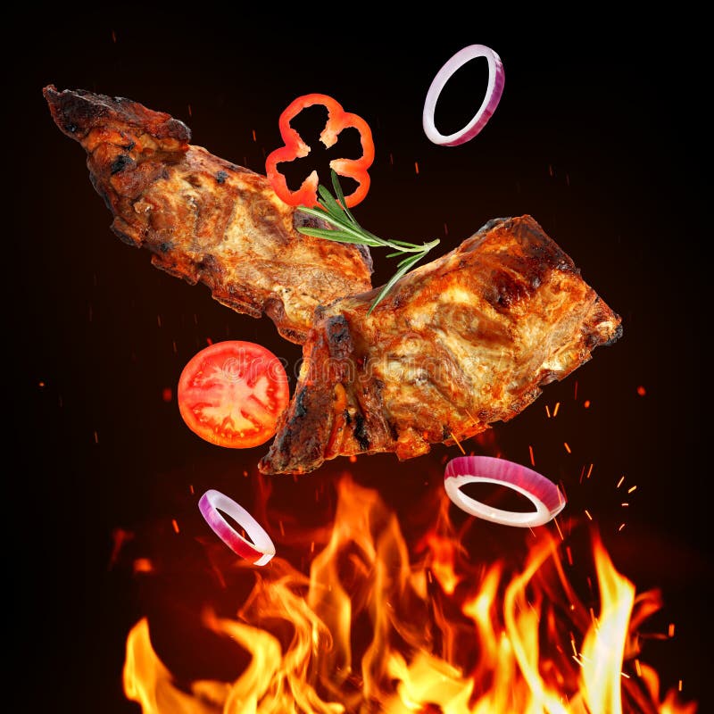 Tasty Grilled Meat Different Vegetables Fire Flame Dark Background ...
