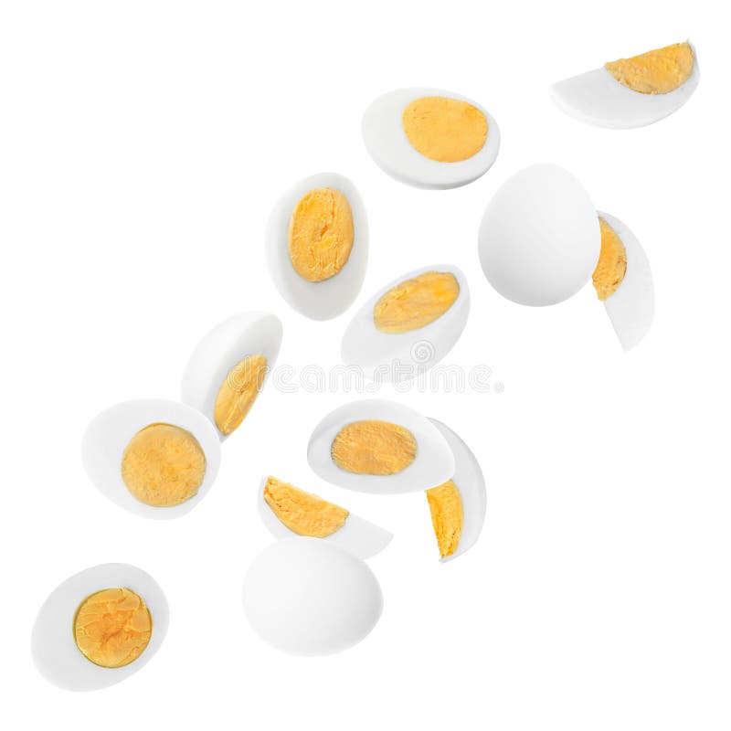 Tasty Hard Boiled Eggs Falling on White Background Stock Photo - Image ...