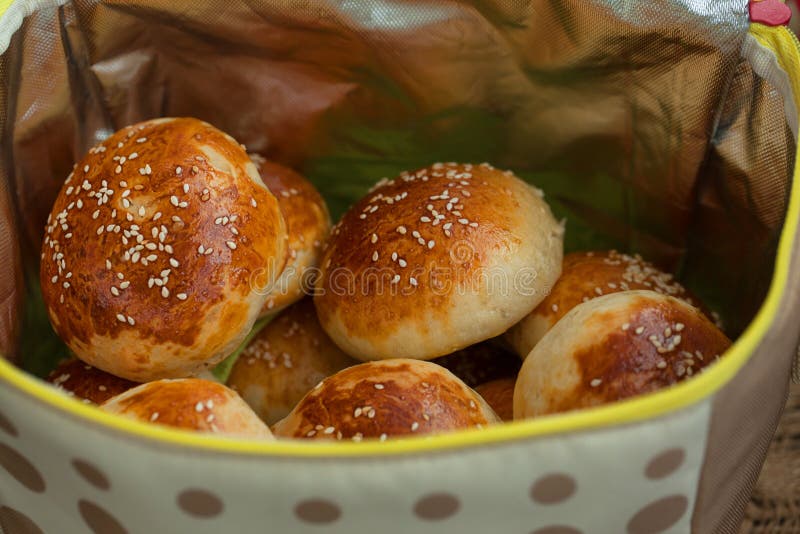 Tasty Homemade Buns with Sesame in Bag Stock Photo - Image of cooking ...