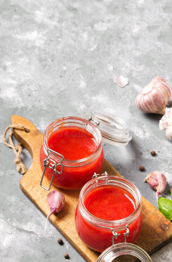Tasty Homemade Tomato Puree Stock Photo - Image of ingredient, basil ...