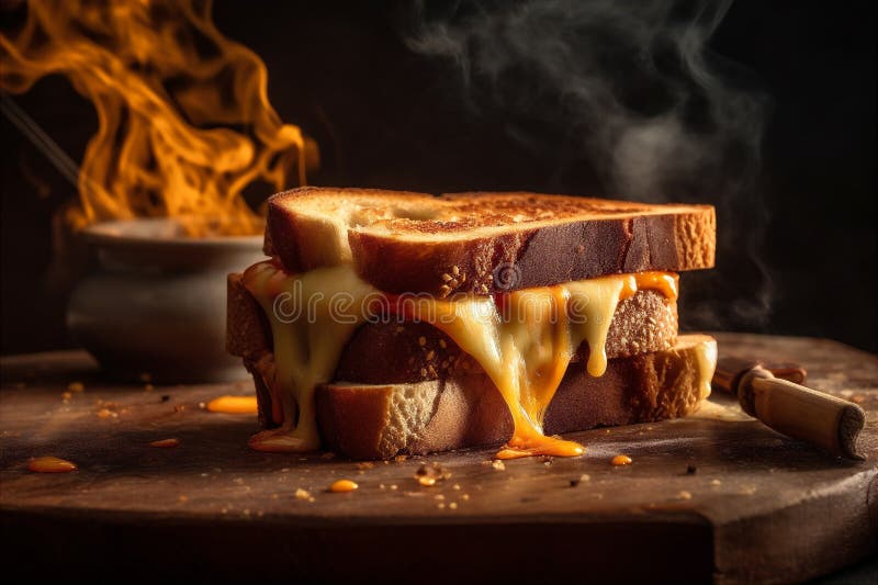 Tasty Hot Sliced Bread Sandwich with Melted Cheese on Fire. AI ...
