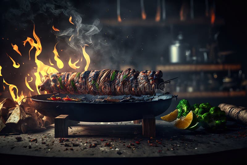 Tasty Kebab Meat on a Grill with Smoke and Fire Background Stock Photo ...