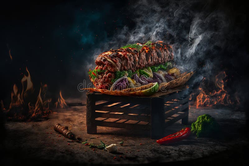 Tasty Kebab Meat on a Grill with Smoke and Fire Background Stock Photo ...