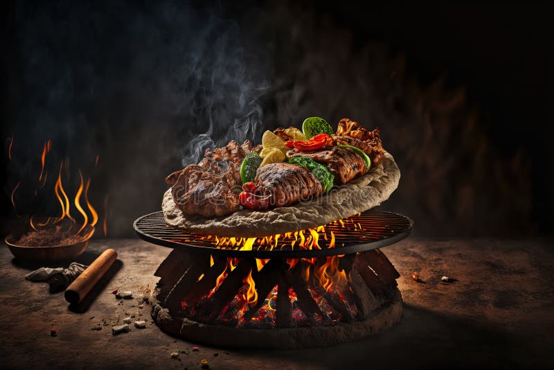 Tasty Kebab Meat on a Grill with Smoke and Fire Background Stock Photo ...