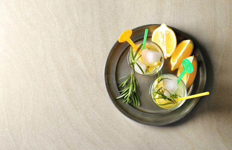 Tasty Lemonade with Rosemary in Glasses on Table, Top View Stock Image ...