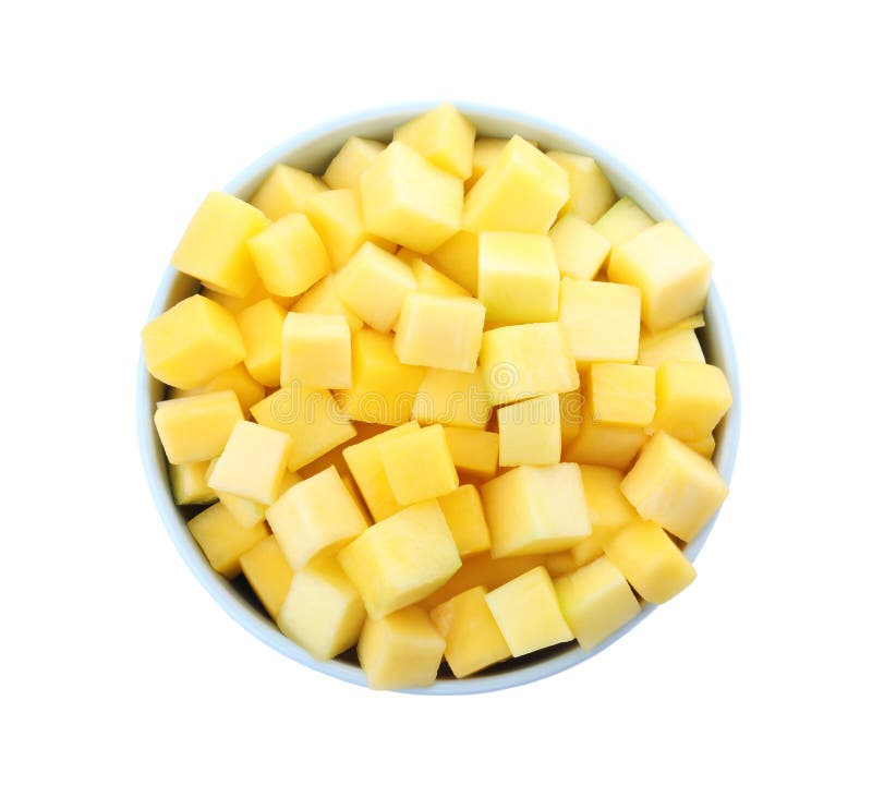 Tasty Mango Cubes in Ceramic Bowl Isolated, Top View Stock Photo ...