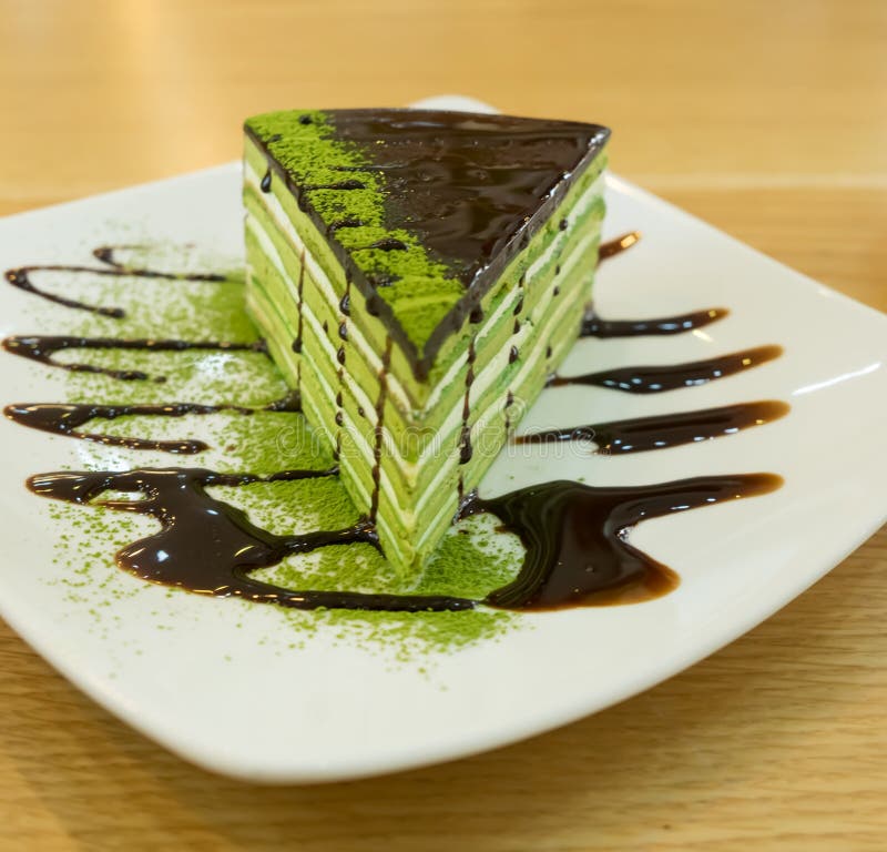 Tasty Matcha Cake with Cold Tea for Dessert in a Korean Stock Photo ...
