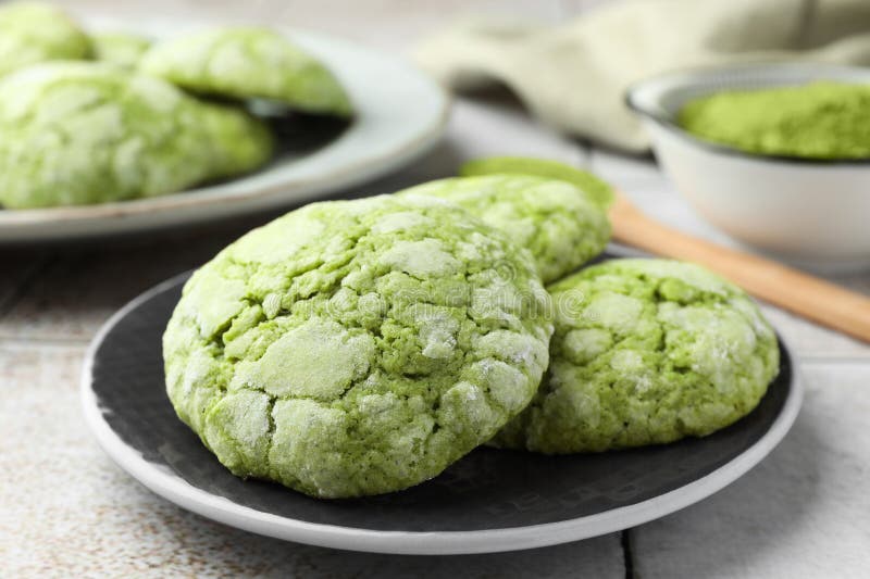 Tasty Matcha Cookies on Tiled Table, Closeup Stock Image - Image of ...